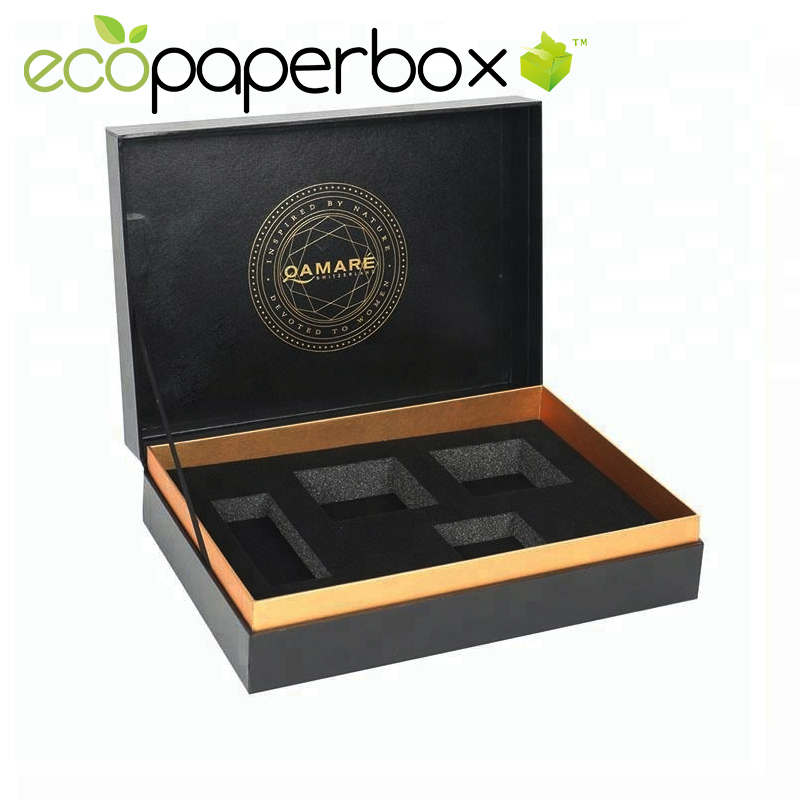 Custom hinged lid cosmetic rigid packaging gift boxes with ribbon