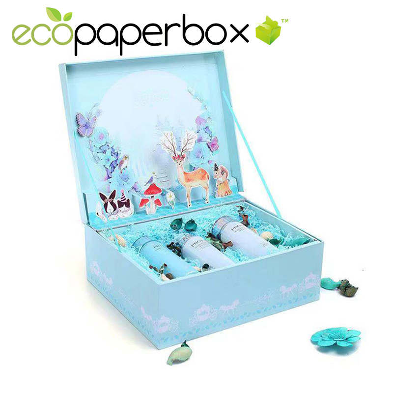 Custom hinged lid cosmetic rigid packaging gift boxes with ribbon
